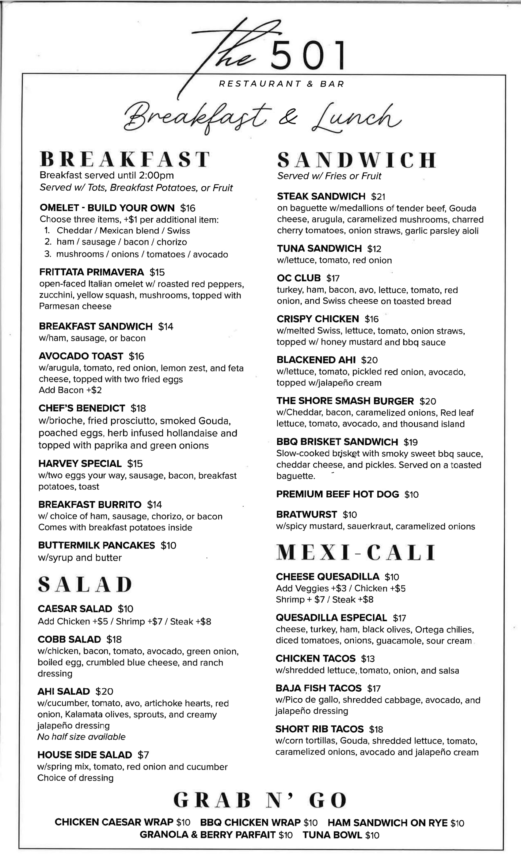 Breakfast & Lunch - 501 Restaurant & Bar